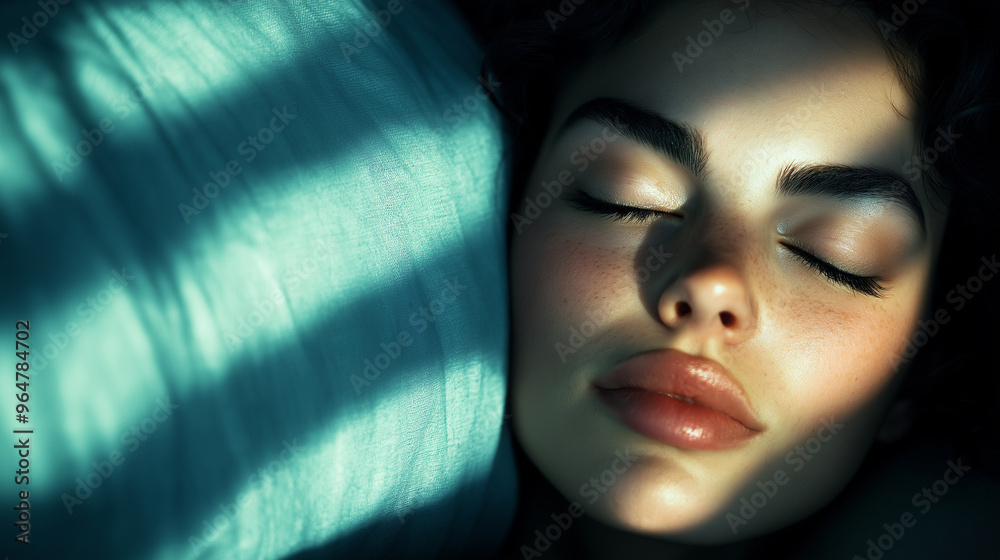 A girl sleeping soundly in a dark room, her face illuminated by soft ...