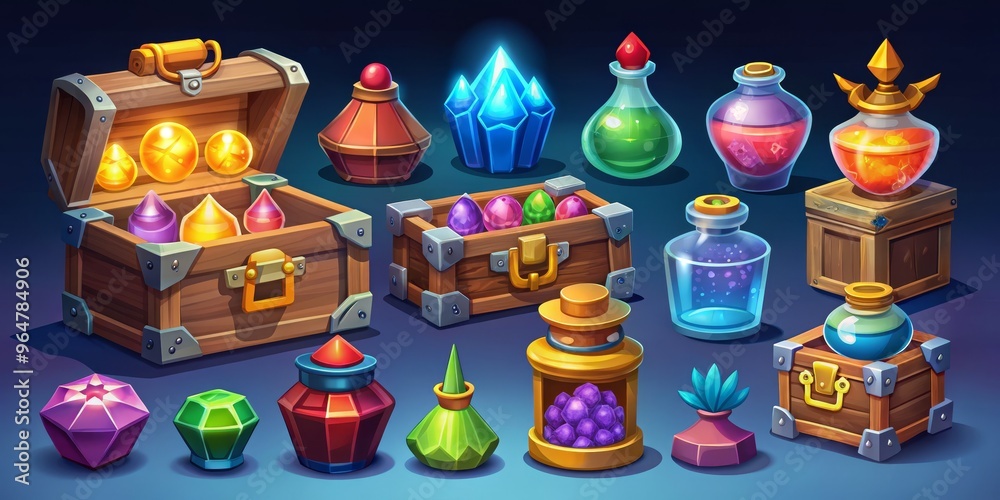 Fantasy Treasure Chest with Magic Potions and Gems, Game Asset, GUI, UI ...