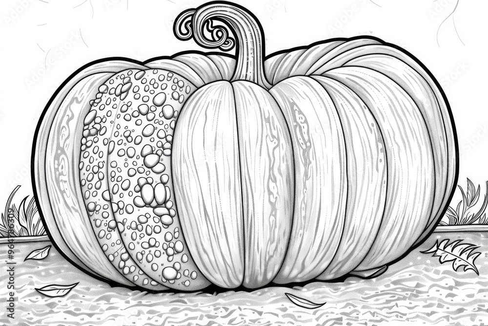 Coloring book illustration of a Curly Stem and Warty Pumpkin in Detail ...