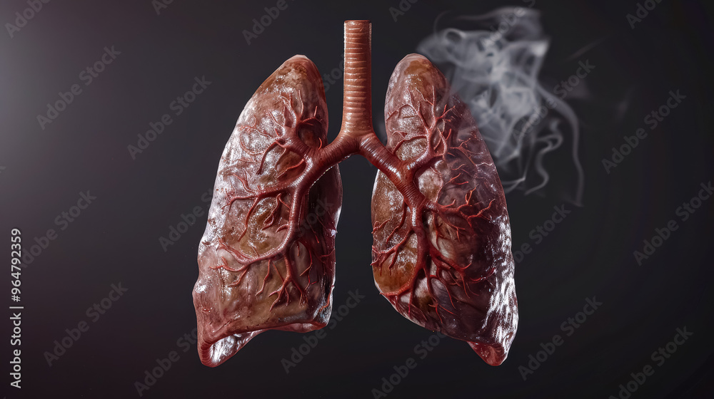 A close up of a lung with red veins and a white background. The lung is ...