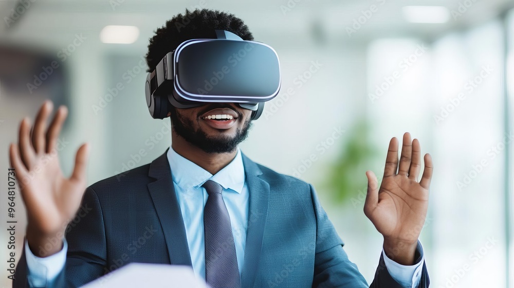 Young entrepreneur presenting a VR business plan to a digital audience ...
