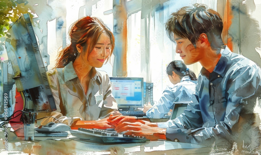 Two colleagues engaged in a collaborative discussion at their ...