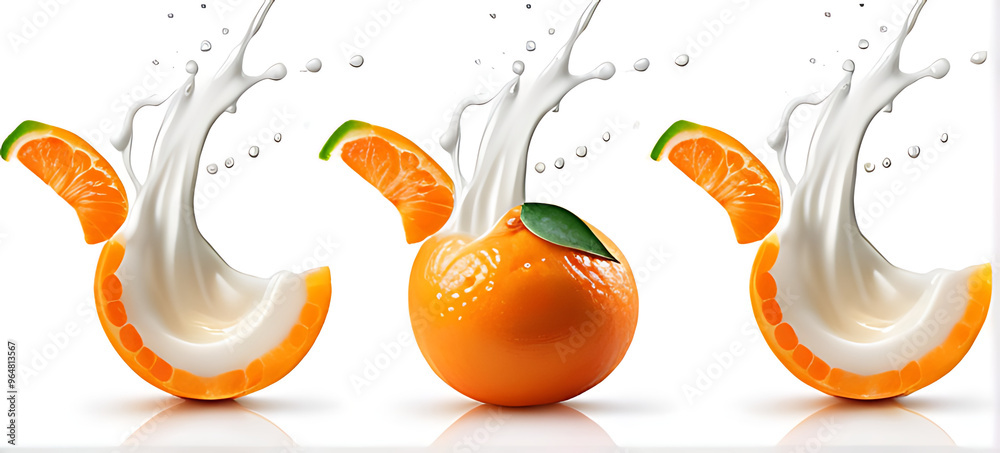 realistic fresh ripe satsuma slices falling inside swirling fluid ...