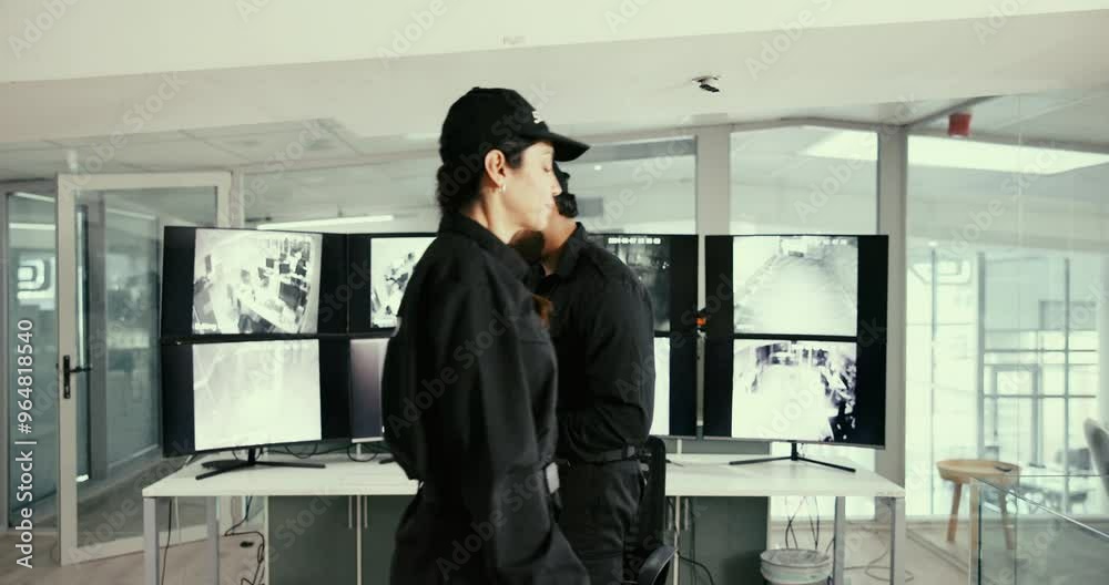Security guard, night shift and team with people in control room for ...