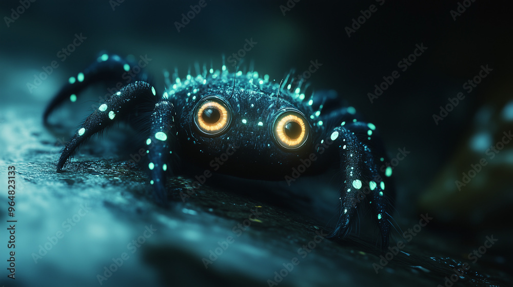 Bioluminescent Spider Like Creature with Glowing Eyes on a Dark Blurry ...