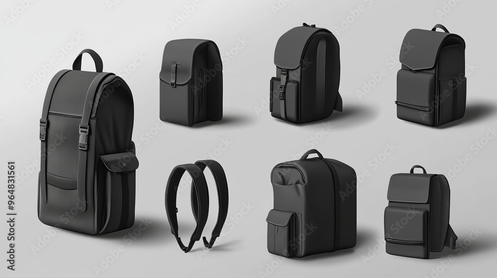 Realistic mockups of a black backpack, shown from various angles ...