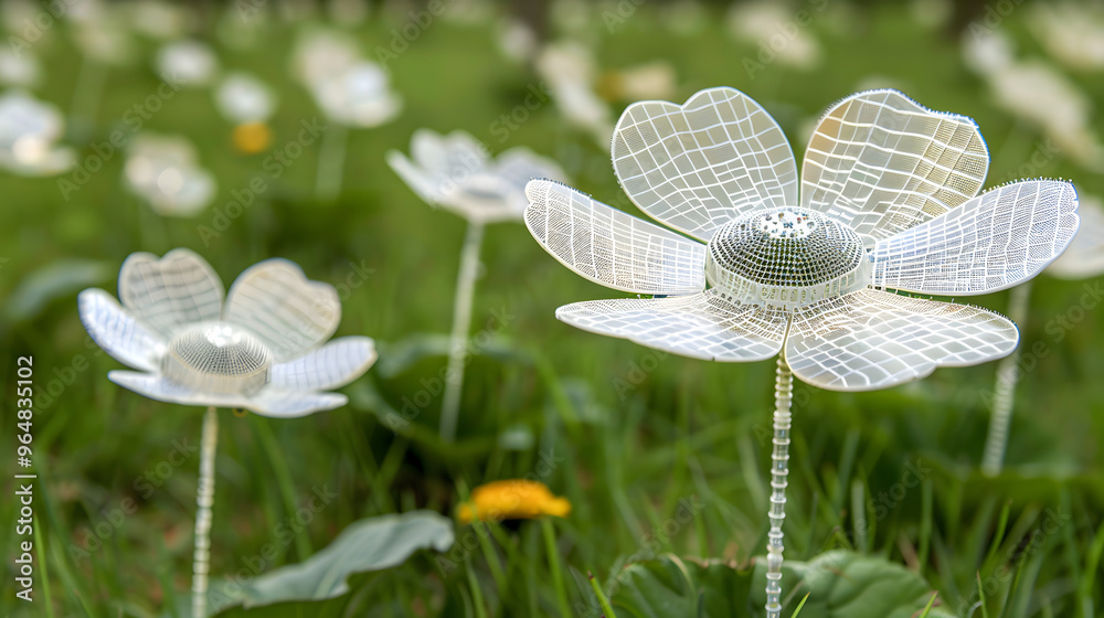 Meadow of flowers with petals made of tiny solar cells and grass blades ...