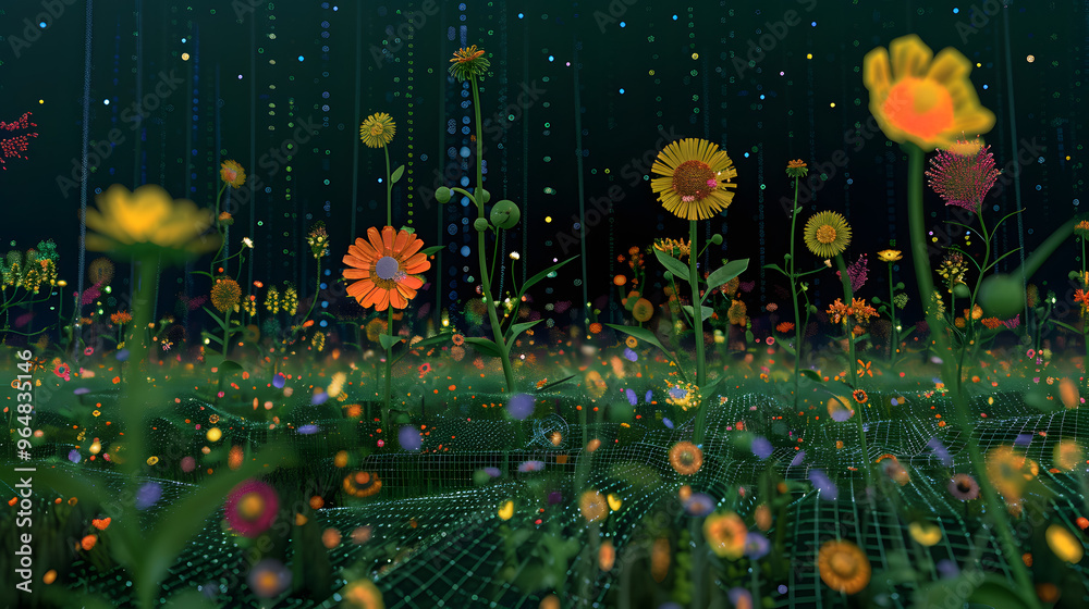 Meadow of flowers with petals made of tiny solar cells and grass blades ...