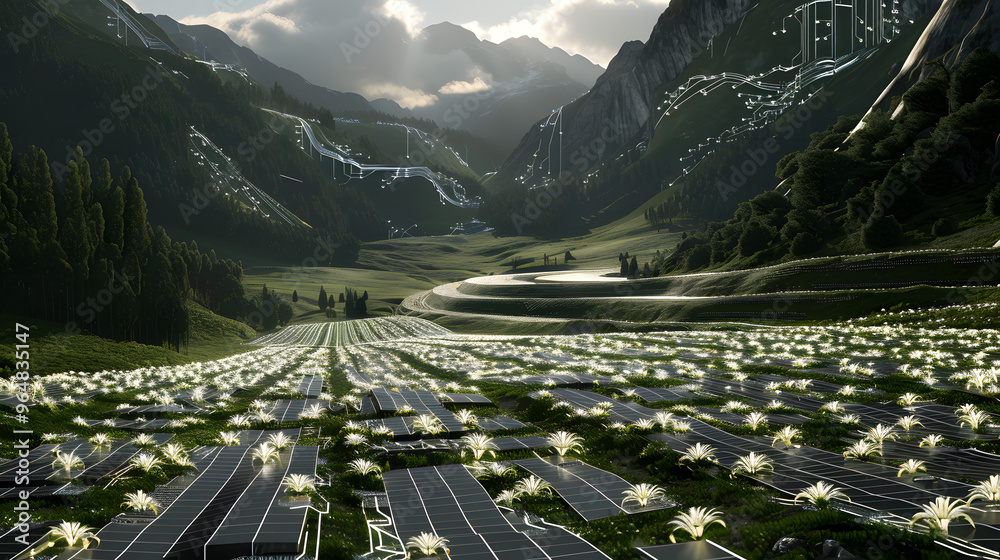 Meadow of flowers with petals made of tiny solar cells and grass blades ...