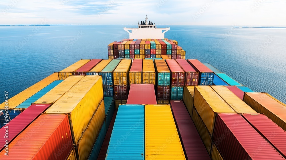 A cargo ship in the middle of the ocean, fully loaded with colorful ...