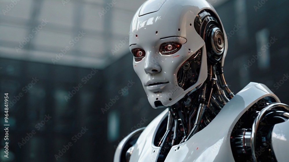 AI robot attends business meeting in hall. Technology, digital data ...