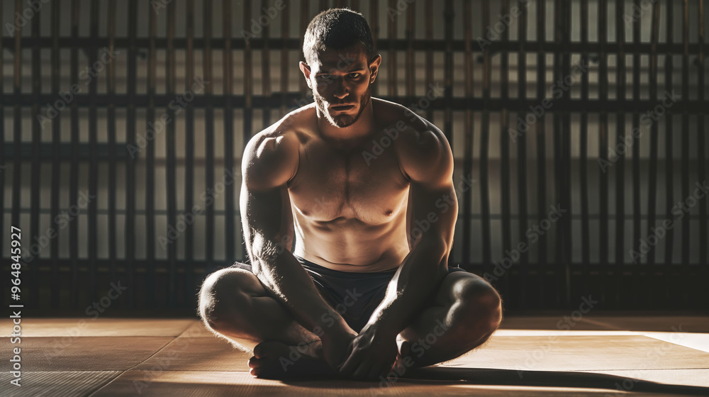 Determined shirtless man sitting on gym floor, intense concentration ...
