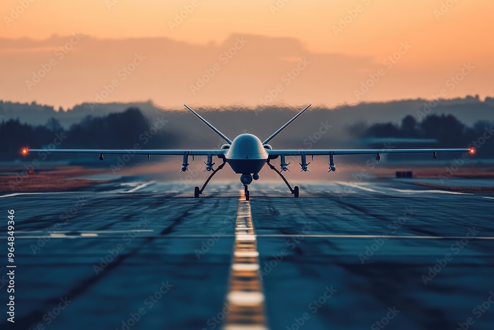Military predator drone ready for takeoff on a runway, showcasing ...