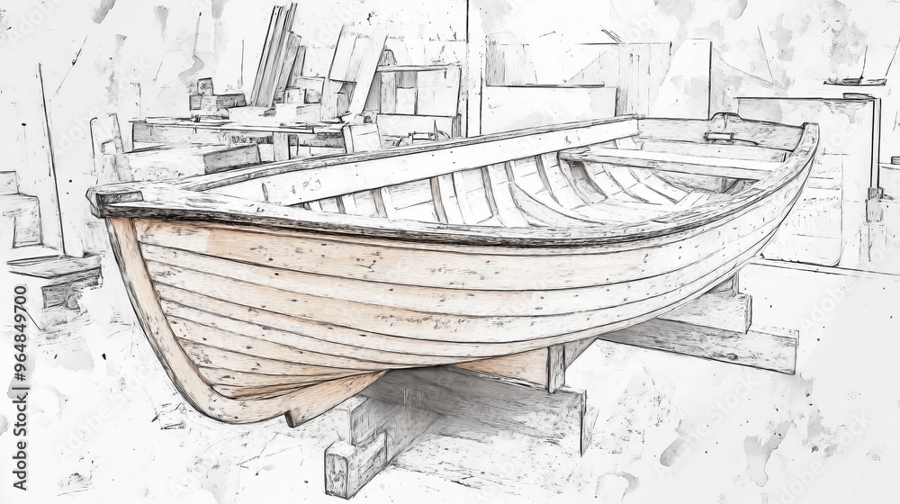 Small wooden boat structure showing timber ribs, keels, bulkheads and ...