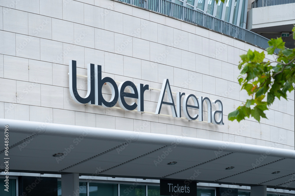 Uber Eats Music Hall Advertising logo on modern building facade, fusion ...