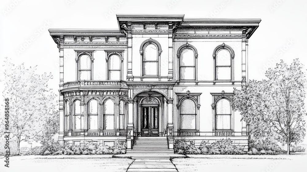 This line art illustration shows the architectural details and design ...