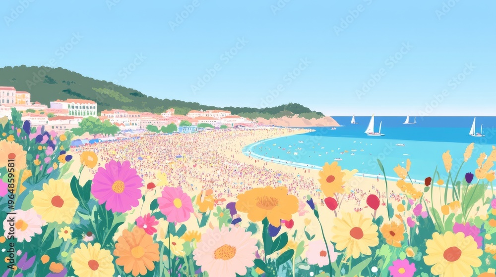 In this line art illustration, vibrant flower floats are paraded along ...