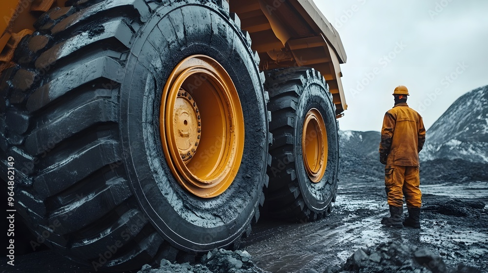 A close-up view of the enormous tires of a giant mining truck, showing ...