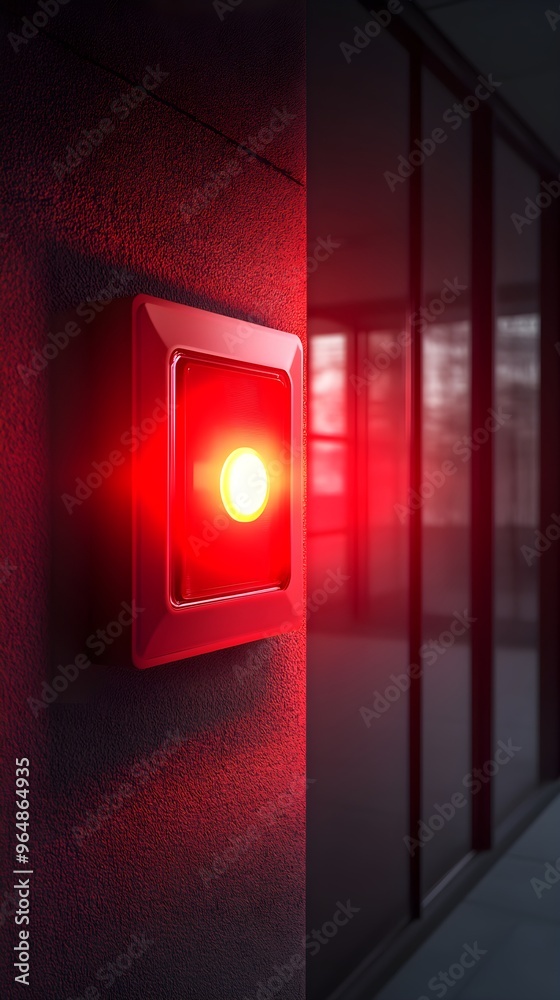 Emergency red light flashing near exit alarm mounted on wall image ...