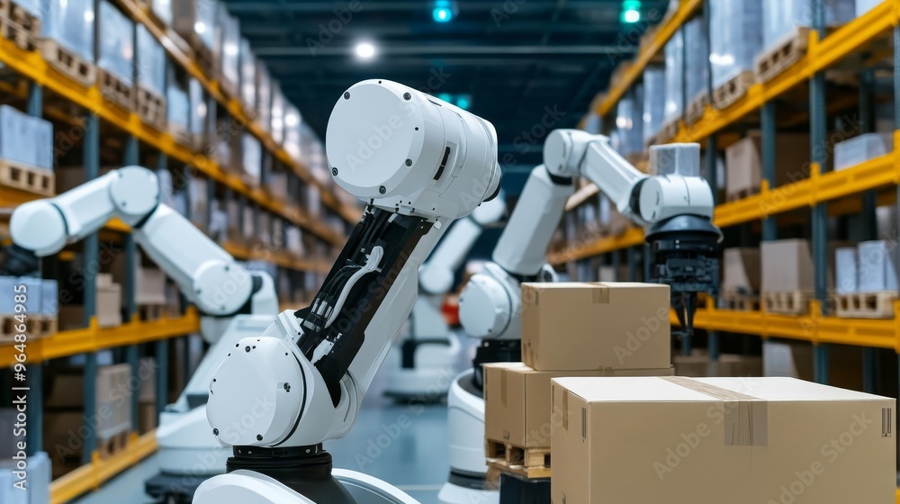 Smart logistics center with multiple robotic arms sorting and packing ...