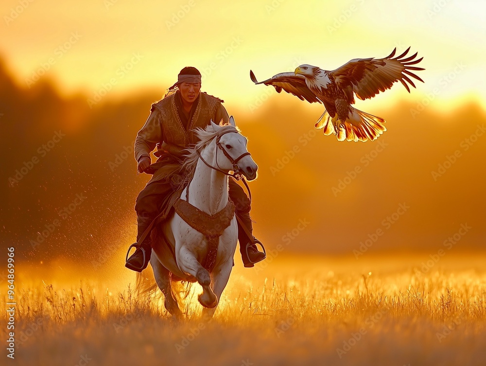 A Mongolian hunter rides through the golden steppe, guiding his ...