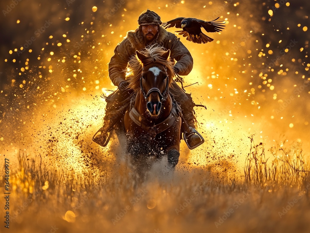 A Mongolian hunter rides through the golden steppe, guiding his ...
