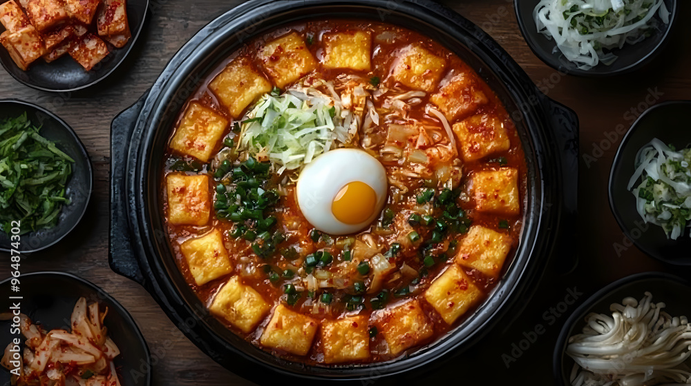 An overhead view of Tteokbokki served in a traditional Korean hot pot ...