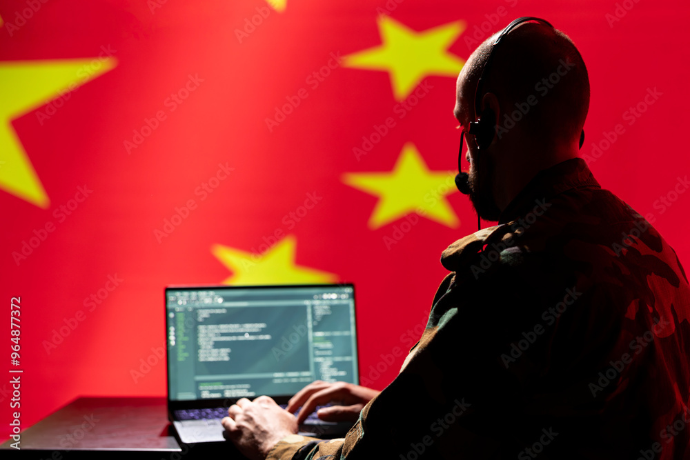 Chinese army telecommunication systems operator using radio and satellite tech, talking in ...