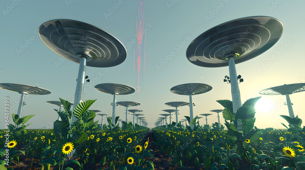 Sunflower field with flower heads made of radar dishes and petals ...