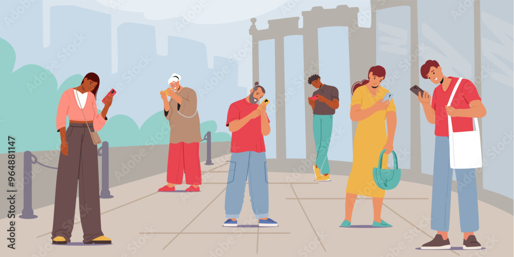 Cartoon Characters Looking At Phones In Public Place. Group Of Diverse ...