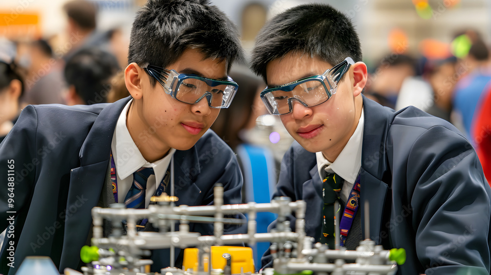Two high school students wearing school uniforms and safety goggles ...