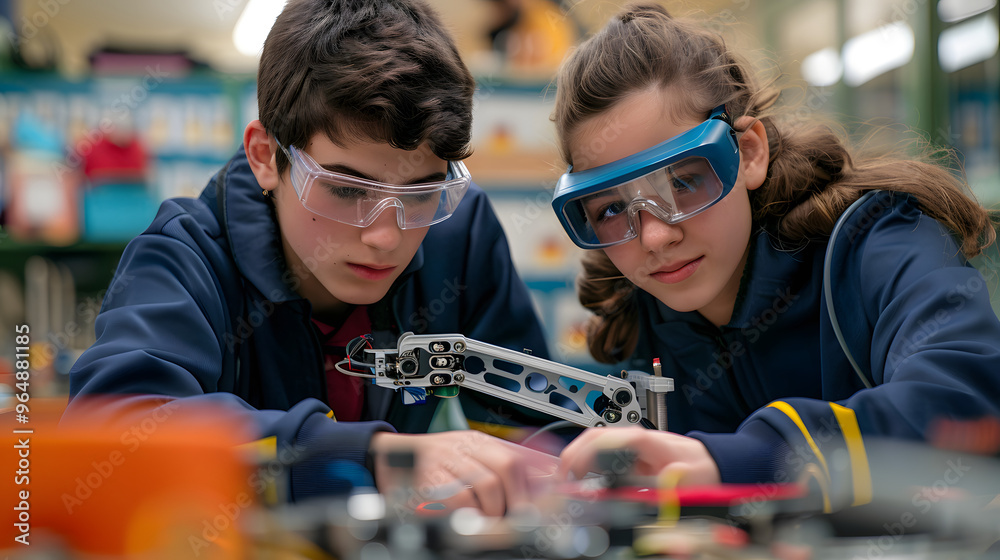 Two high school students wearing school uniforms and safety goggles ...