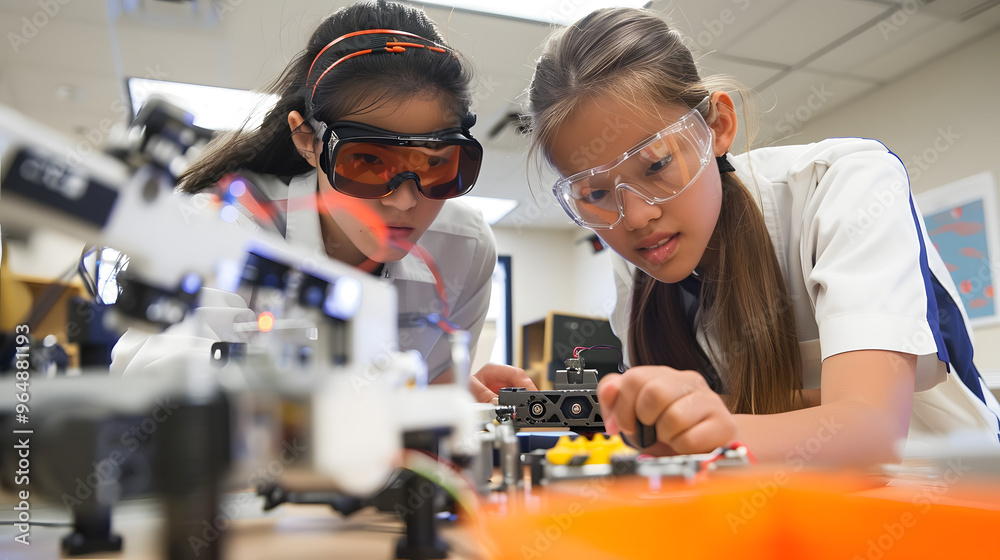 Two high school students wearing school uniforms and safety goggles ...