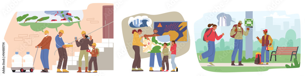 Cartoon Characters Displaying Disaster Prevention Activities Such As ...