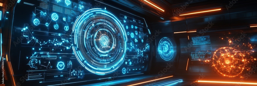 A high-tech control room with a massive screen showing zodiac signs in ...
