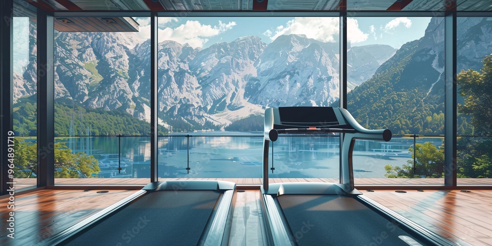 Gym Treadmill Scenic Background, Treadmill Exercise with Mountain ...