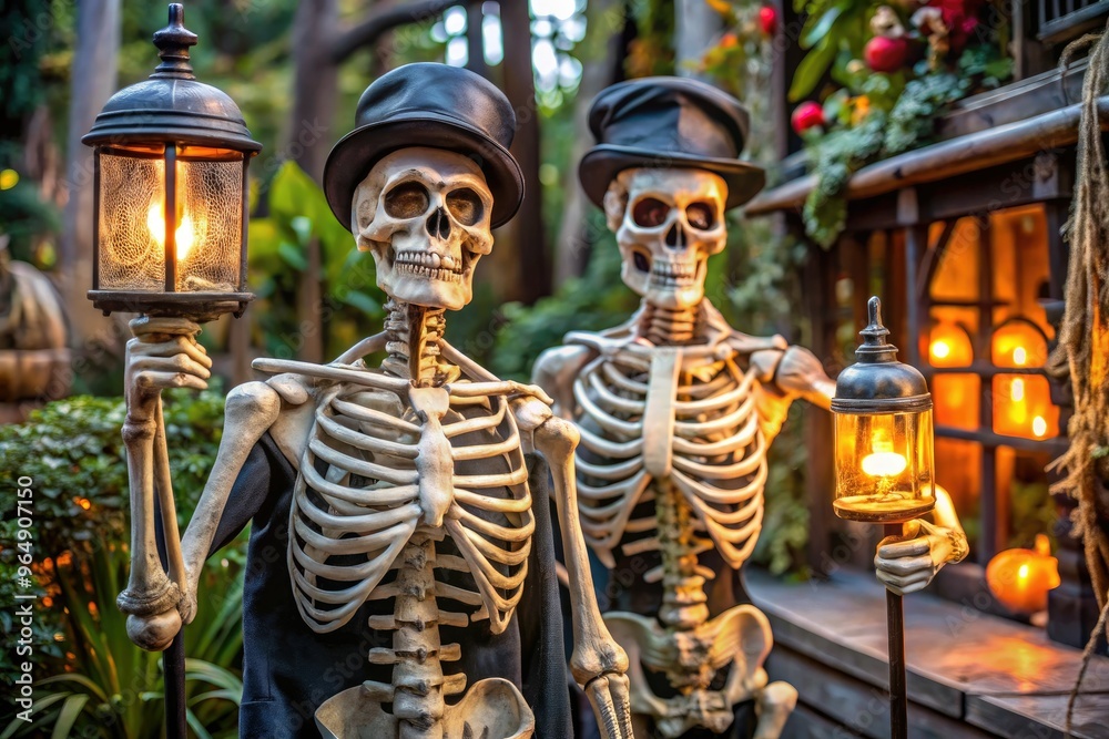 A life-size, posable, two-headed skeleton decoration stands upright ...