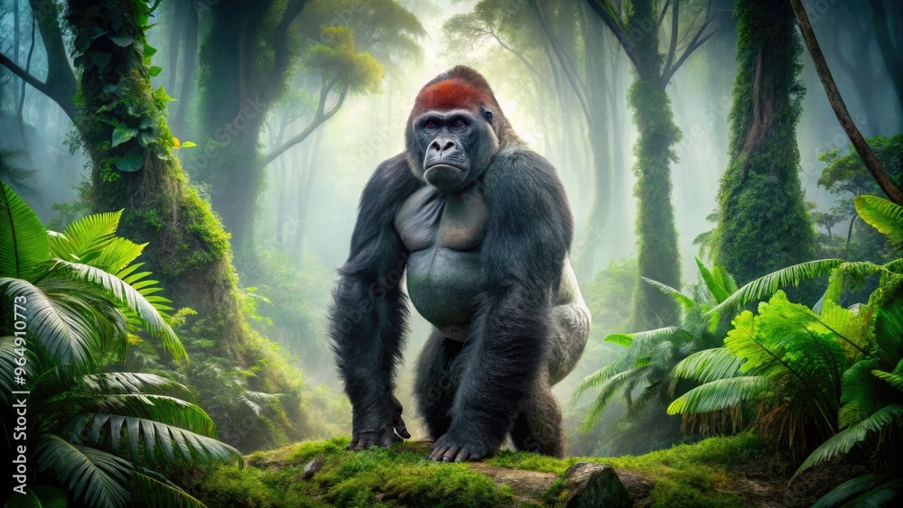 Majestic silverback western lowland gorilla stands tall in misty jungle ...