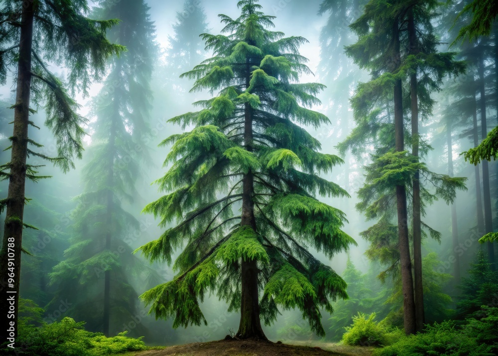 Majestic Washington western hemlock tree stands tall in a misty forest ...