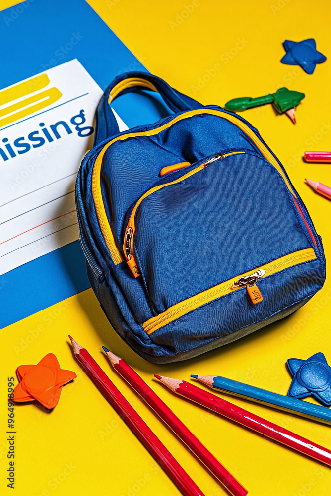 missing children concept, a child's backpack and school supplies laid ...