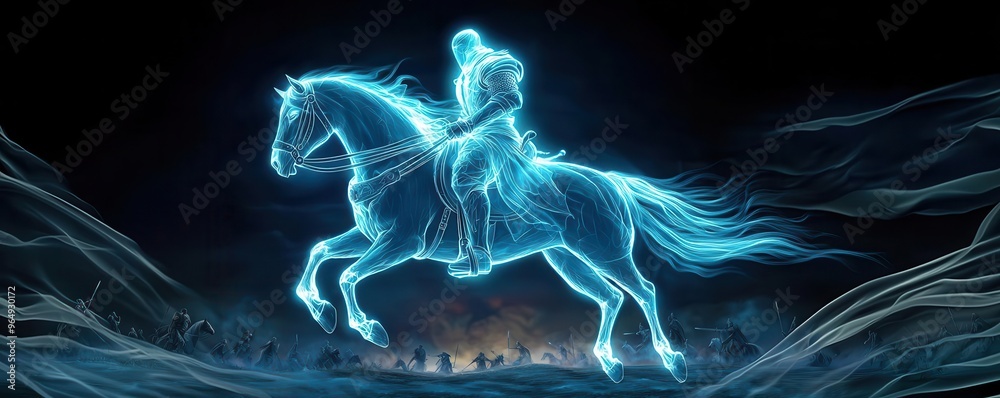 A glowing phantom knight on a horse, galloping through an ancient ...