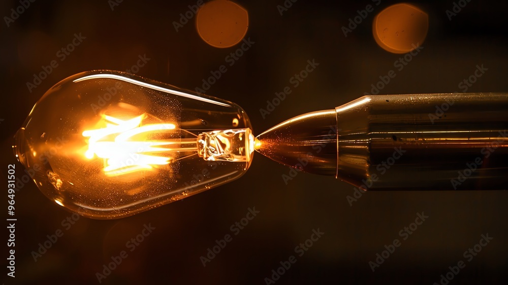 An incandescent light bulb is lit and connected to a brass fitting that ...