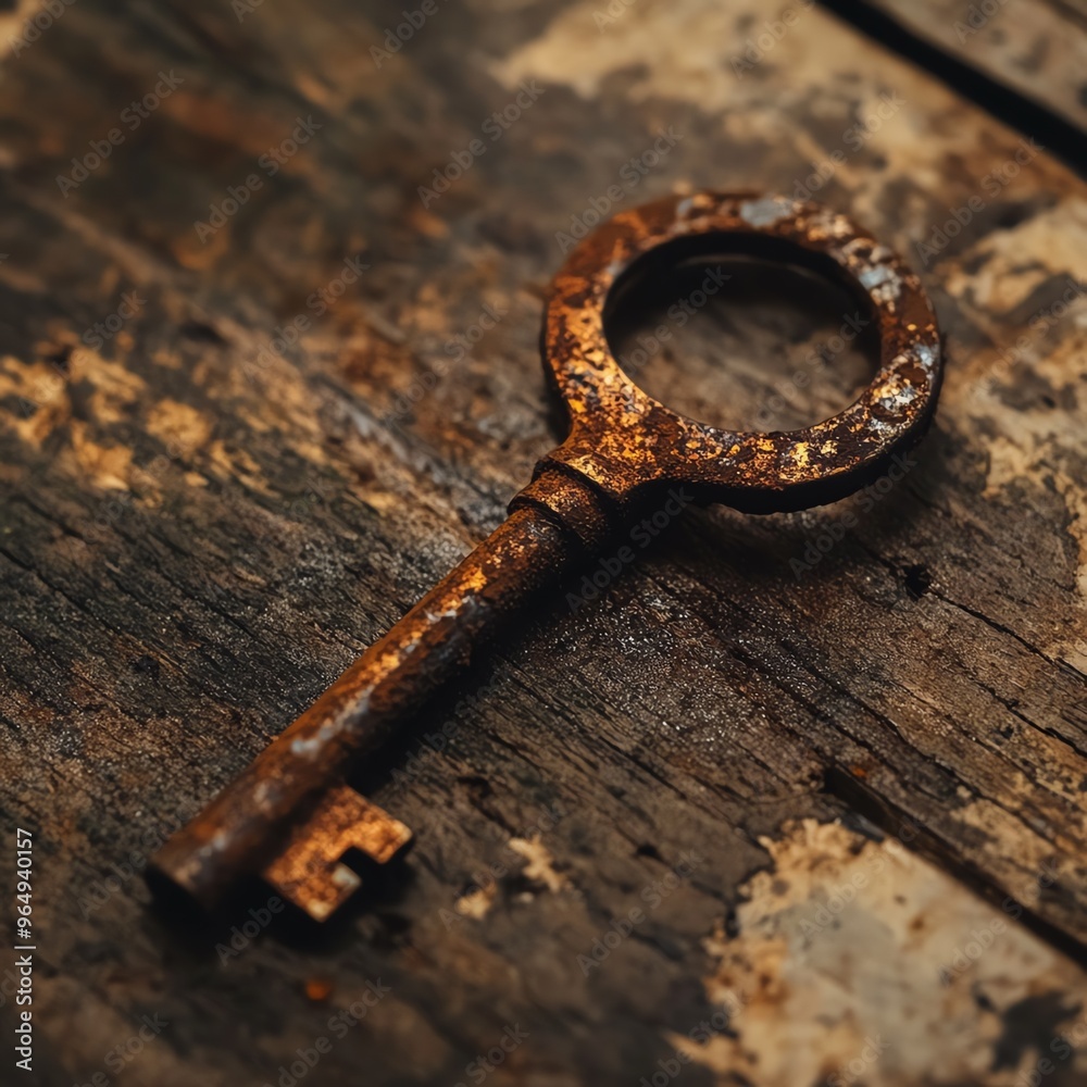 Macro view of a rusted key lying on a wooden table, intricate details ...