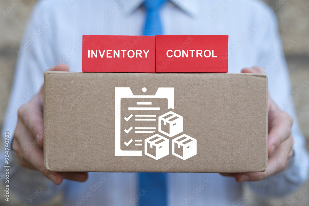 Buisness man holding parcel with checklist icon and red blocks sees ...