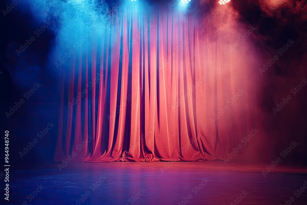 Closed curtain of stage with spotlight before show. Art performance ...