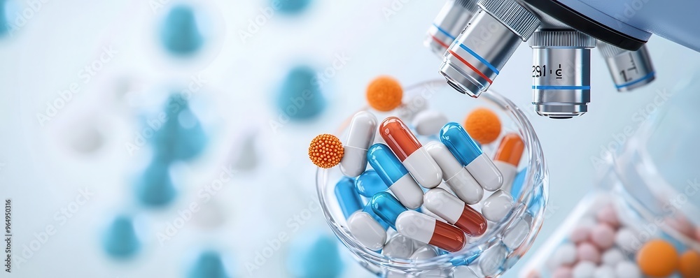 Microscopic view of drug compound integration with biological cells in ...