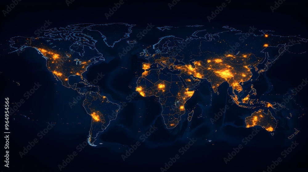 Illuminated world map showcasing urban areas at night, highlighting the ...