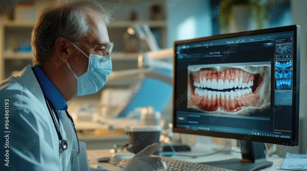 Dentist reviewing dental imagery on computer screen, displaying ...