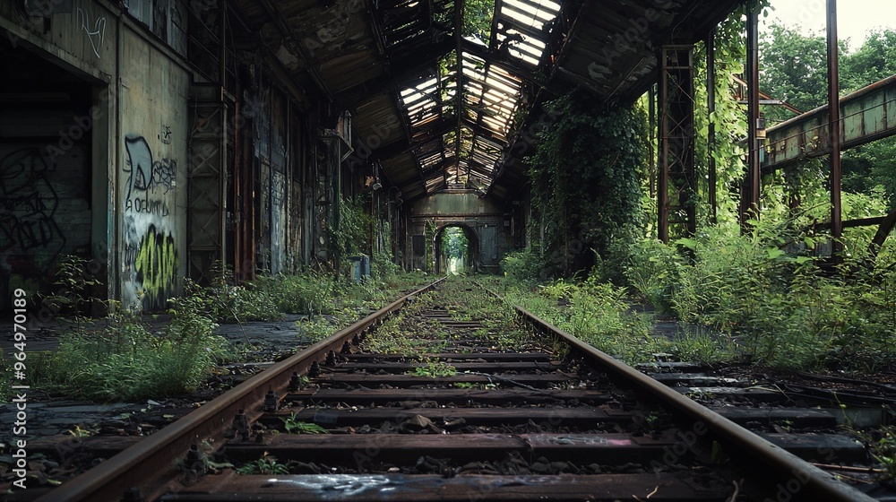 An abandoned railway station with overgrown vegetation. The rusty train ...