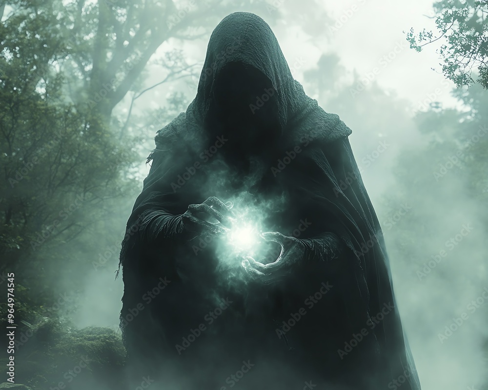 Mysterious hooded figure in a dark cloak, forming a fist with a glowing ...